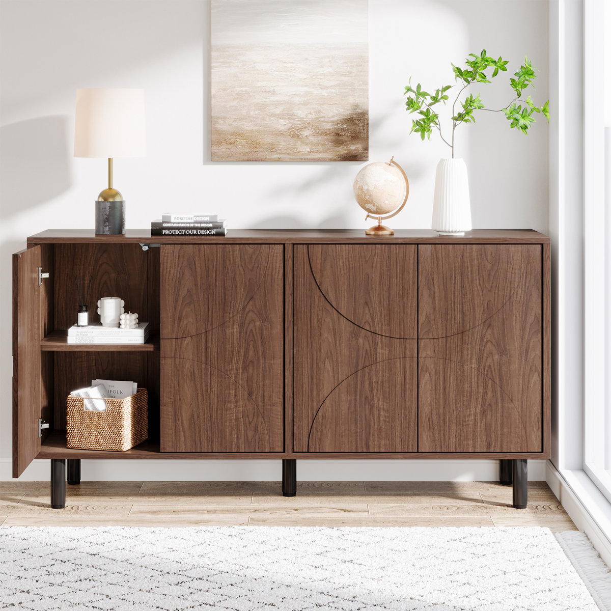 Ebern Designs Sideboard Buffet Cabinet, 55" Accent Storage Cabinet With 4 Doors And Adjustable ...